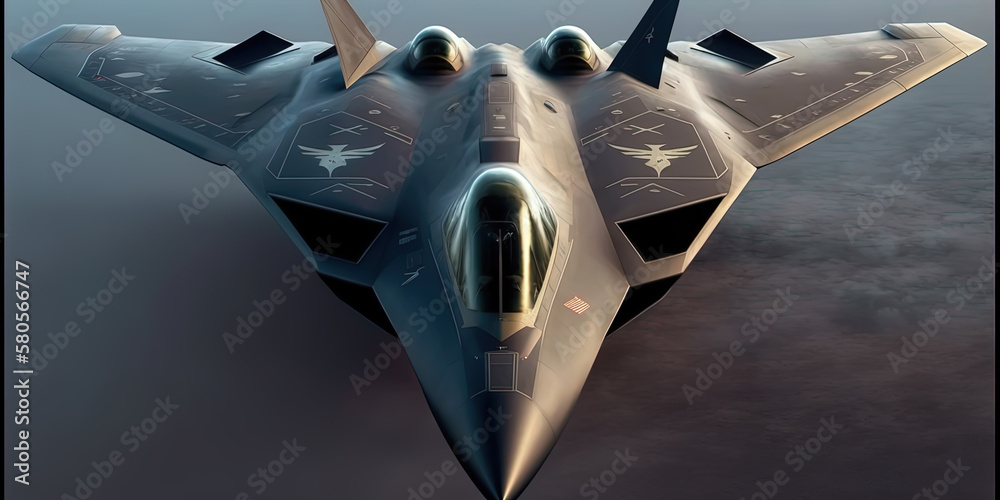 futuristic american jet stealth fighter flying in the sky, low profile ...
