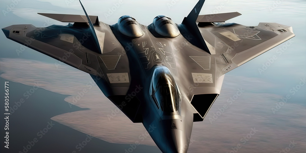 futuristic american jet stealth fighter flying in the sky, low profile ...