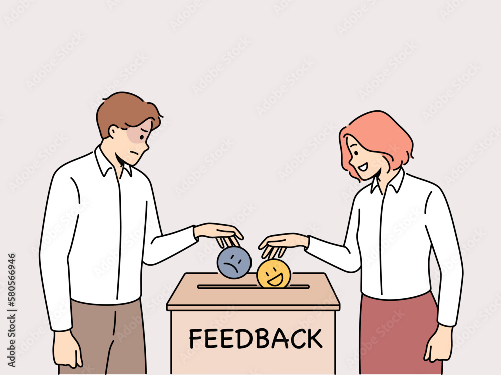 Man and woman throwing emojis into box give positive or negative ...
