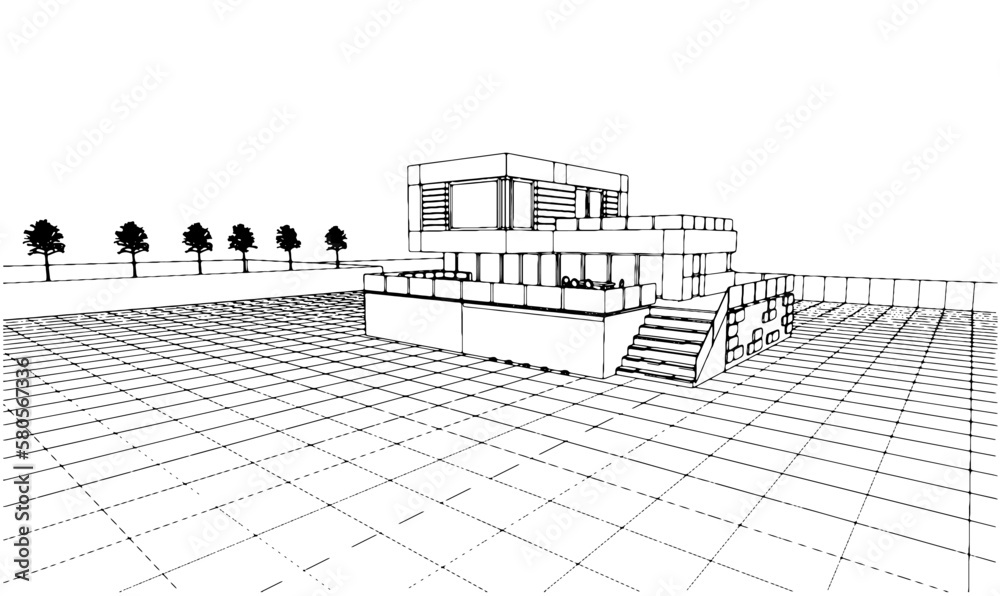 Building perspective construction plan facades architectural sketch ...