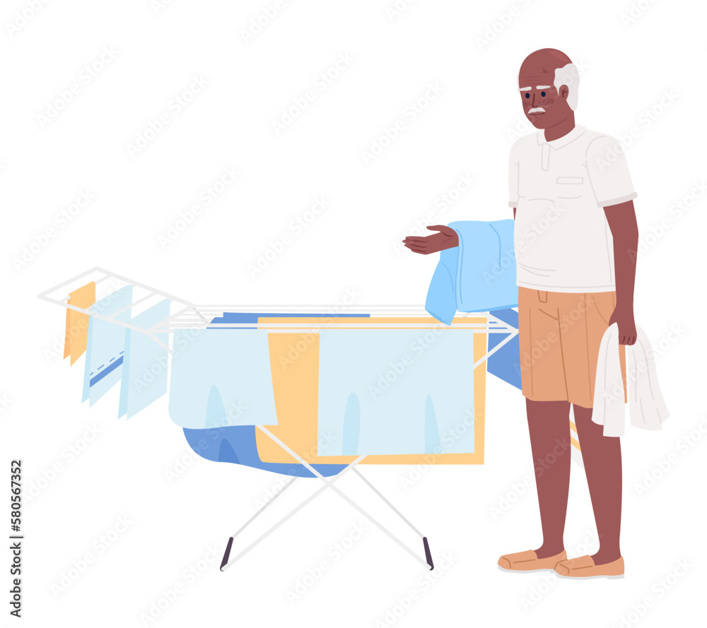 Senior man standing beside towel drying rack semi flat color vector ...