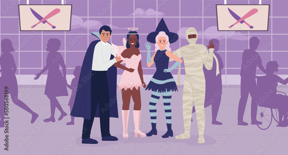 Cosplay culture flat color vector illustration. Cosplayers friends ...