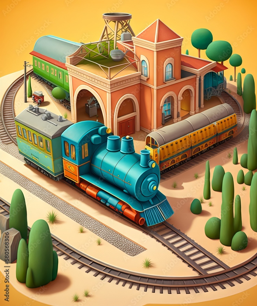 Toy train and toy city with steam engine and bogie. Buildings and ...