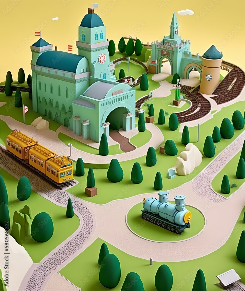 Toy trains in toy city with grand railway station. Aerial view of ...