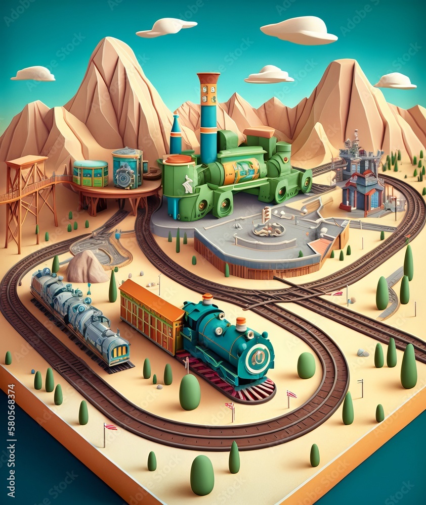 Toy train city and landscape with bridges, structures, trains , toys ...