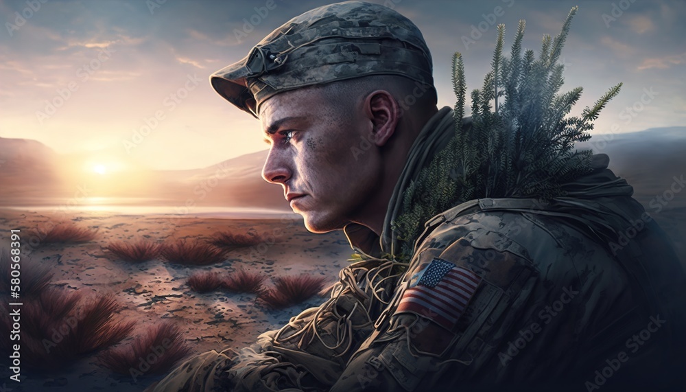 PTSD Mental health with us solider marine, sad expression, AI generated ...