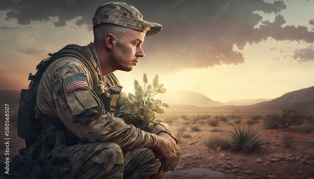 PTSD Mental health with us solider marine, sad expression, AI generated ...