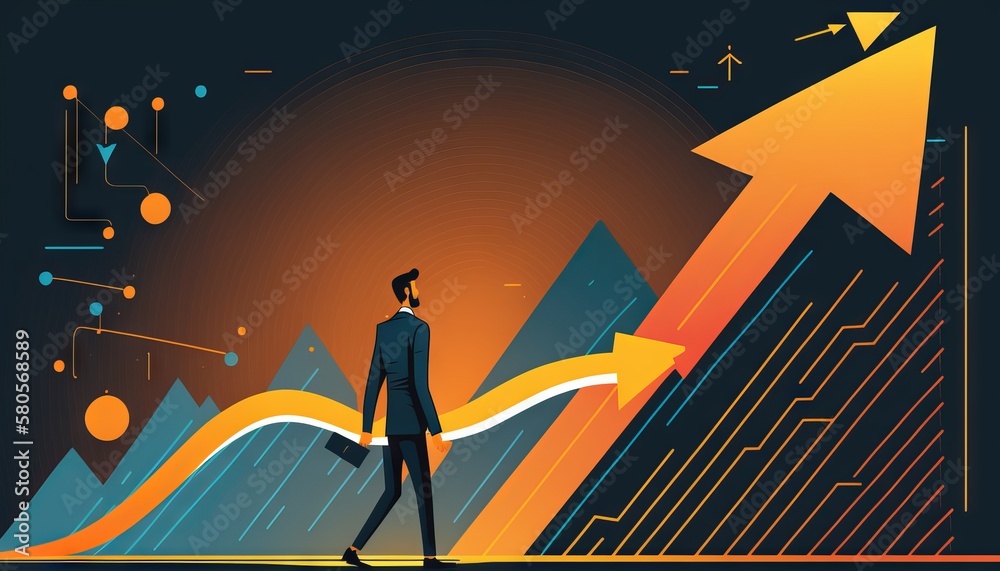 Illustration of businessman walking towards a growing Graph chart with ...