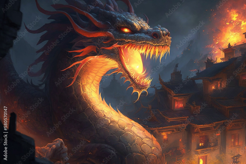 The Mystical Dragon Attacking a Chinese City Engulfed in Flames ...