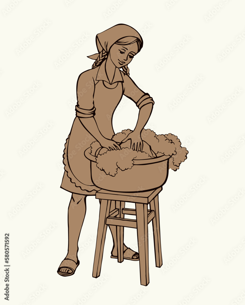 Vector drawing. Girl washing clothes in a basin Stock Vector | Adobe Stock