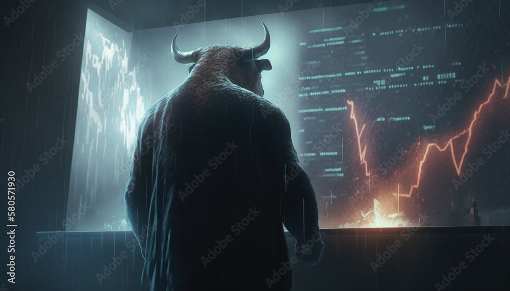 Tempestuous Crash: A Mystical Image of a Furious Bull during a Stock ...