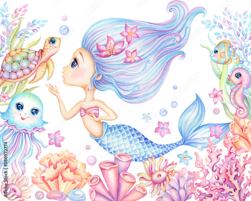 Little mermaid and Sea animals in floral frame. Fantasy Underwater life ...