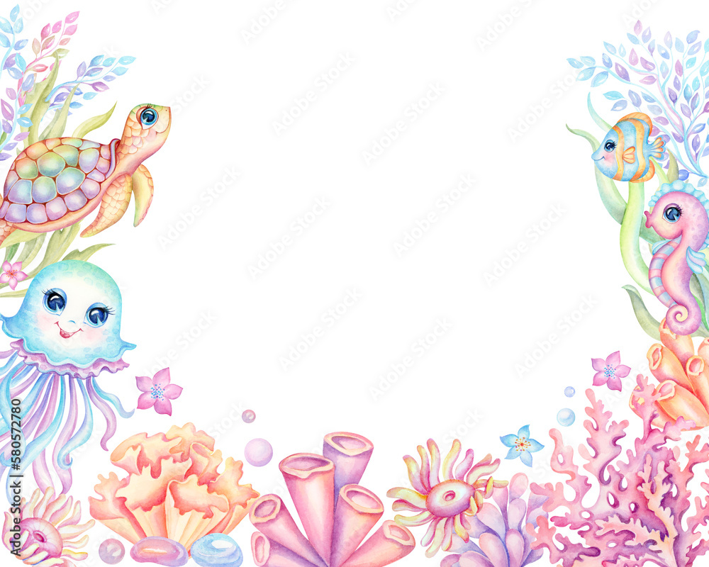 Sea floral frame. Underwater Ocean life landscape with sea animals ...