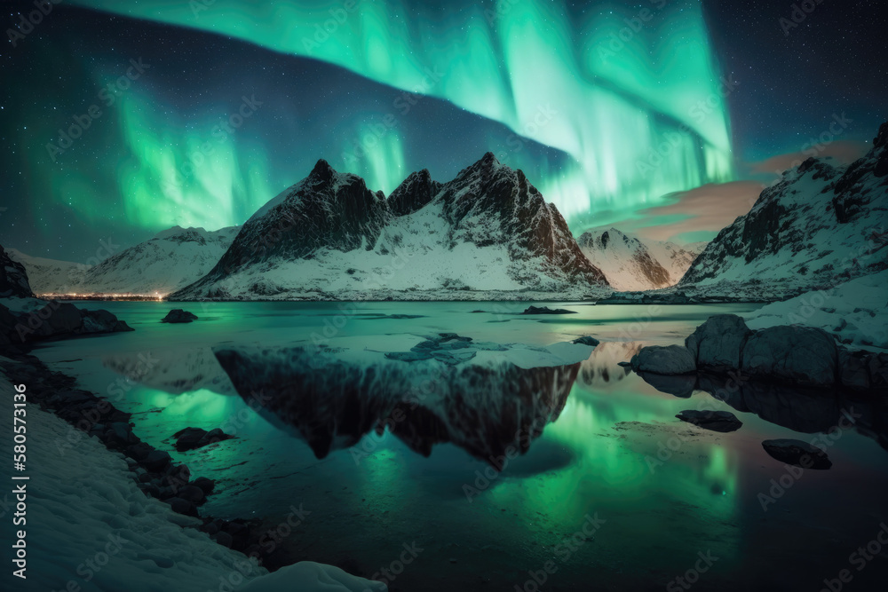 urora borealis. Lofoten islands, Norway. Aurora. Green northern lights ...