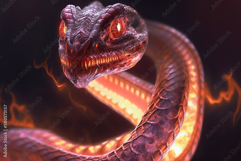 A snake with fiery eyes and glowing skin in a golden glow. Generative AI Stock Illustration ...