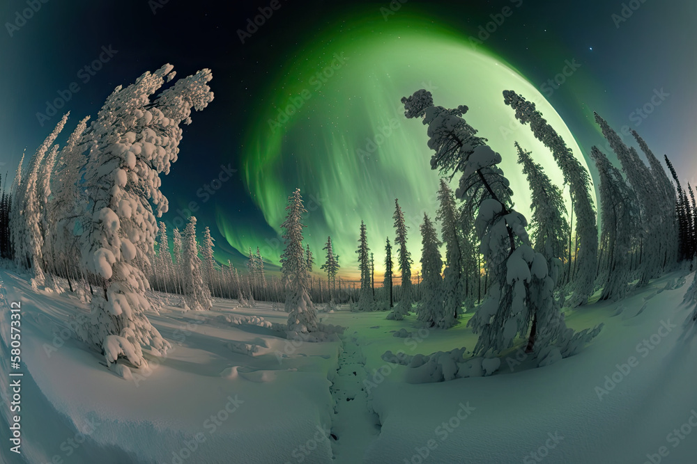 HDRI Snow forest with Aurora Borealis on the sky 52 Panorama ...