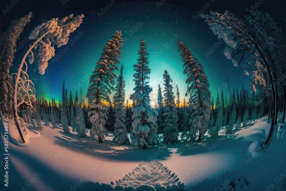 HDRI Snow forest with Aurora Borealis on the sky 52 Panorama ...