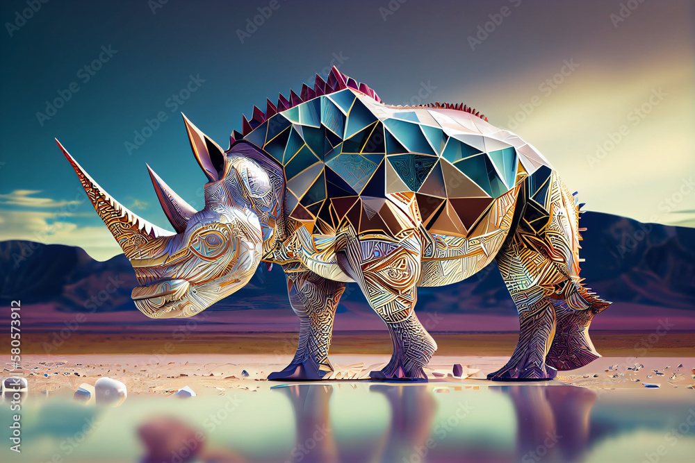 An image of a fierce Velociraptor rendered in bold, angular geometric ...