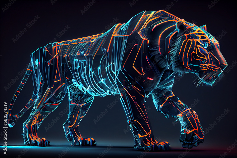 An image of a saber-toothed tiger rendered in a geometric style set ...