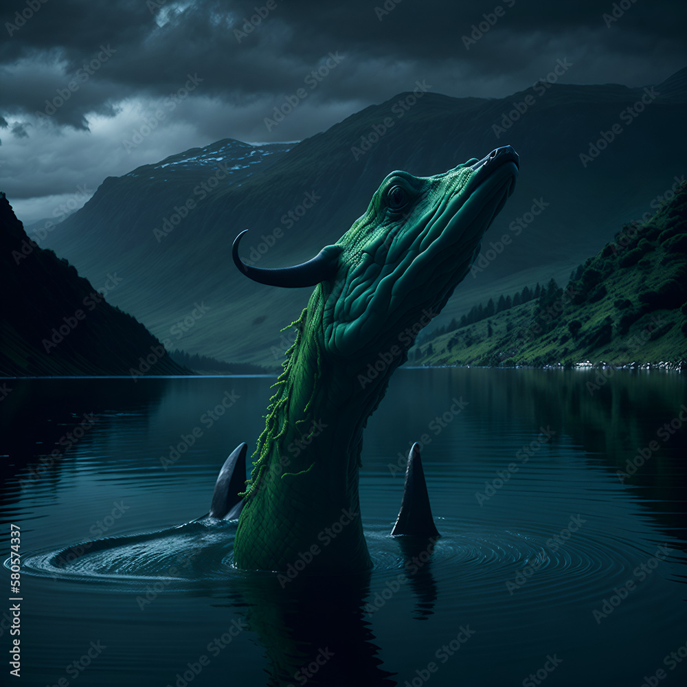 Nessie monster glides through the waters of Loch Ness, representing the mystic and world ...