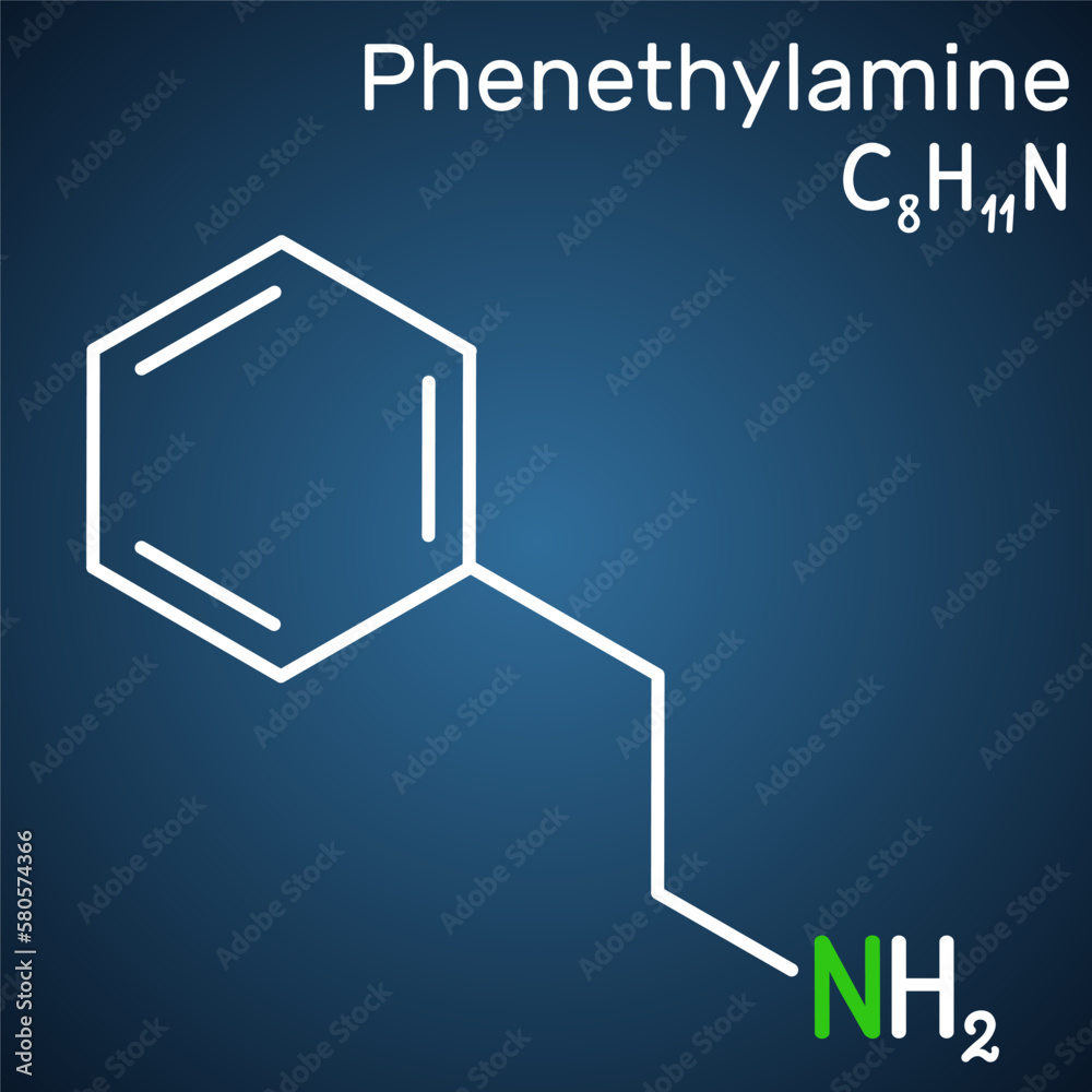 Phenethylamine, PEA molecule. It is monoamine alkaloid, central nervous ...