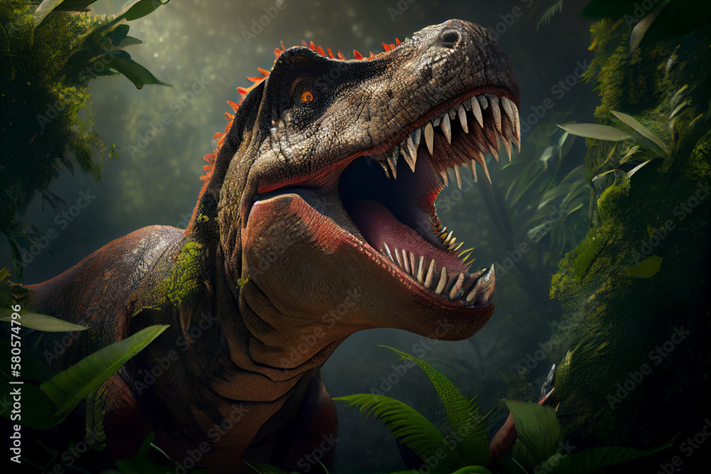 Tyrannosaurus Rex with its mouth wide open and sharp teeth showing ...