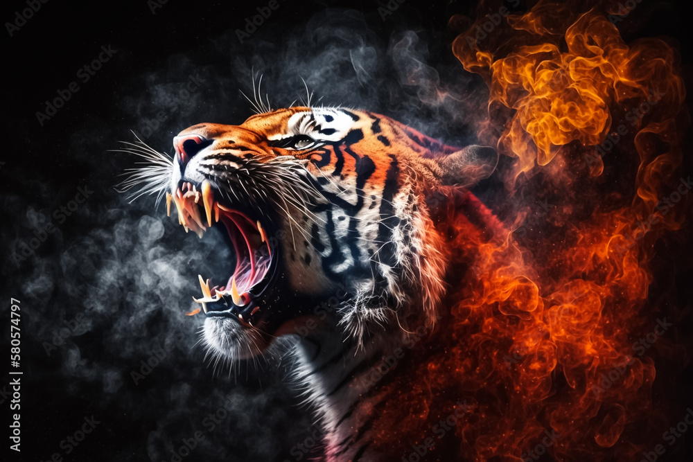 Tiger roar red fire and smoke background. Generative AI Stock ...