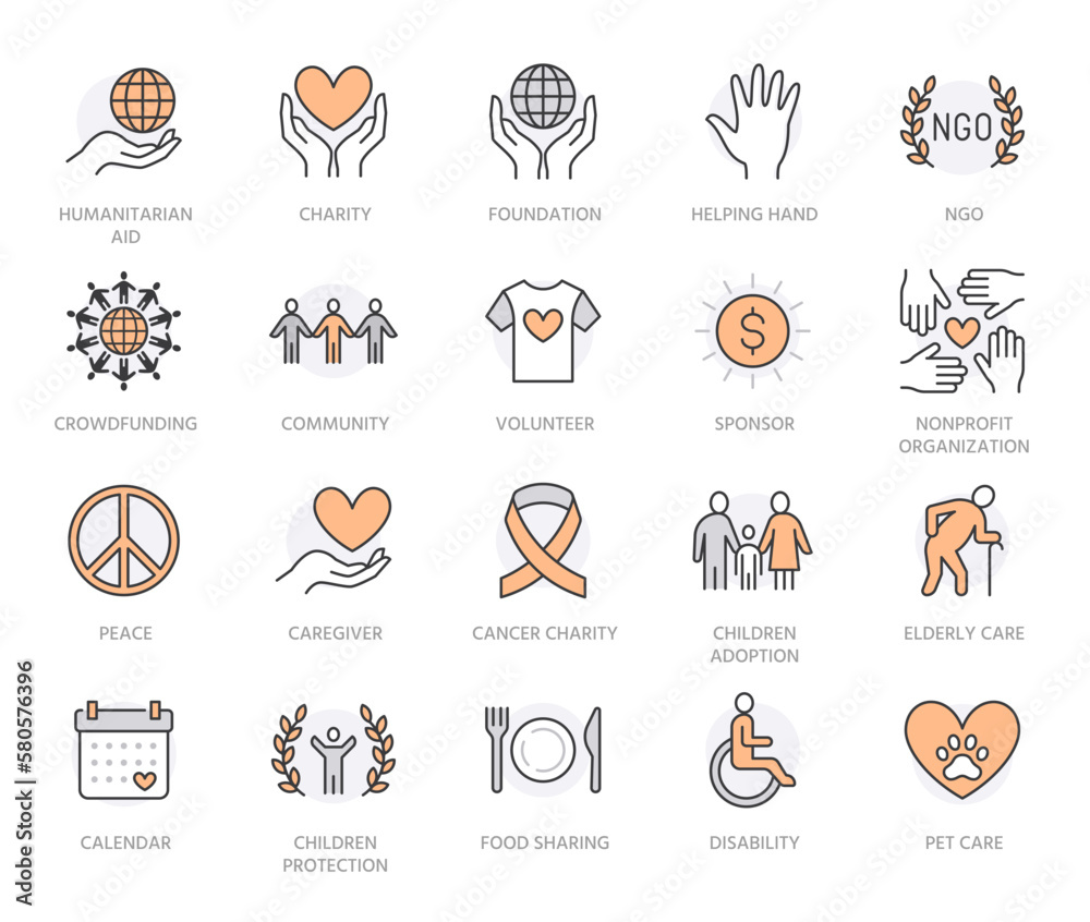 Charity flat line icons set. Donation, nonprofit organization, NGO ...