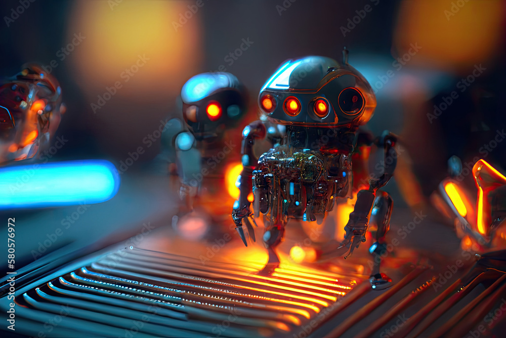 Generative AI illustration of futuristic little robots placed on ...