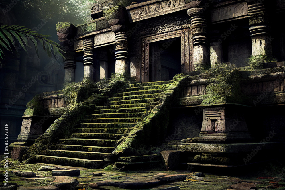 ancient Aztec temple ruins, with moss-covered stone steps and carvings ...