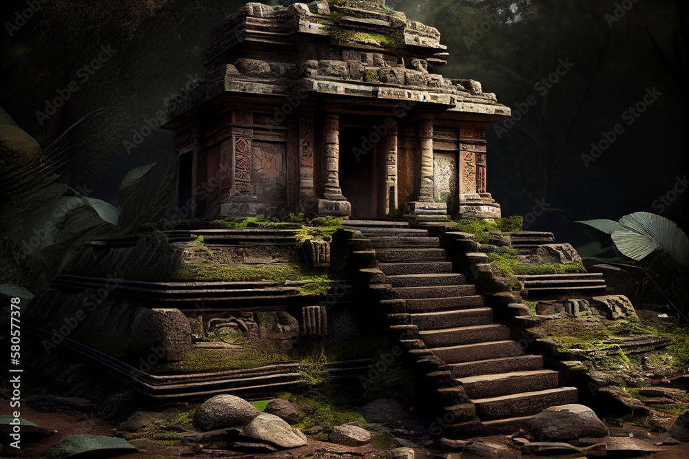 ภาพประกอบสต็อก ancient Aztec temple ruins, with moss-covered stone ...