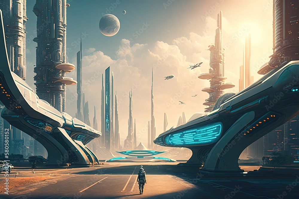 Futuristic cityscape with towering skyscrapers and advanced ...