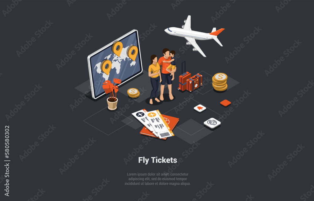 Online Buying Fly Tickets With App, Traveling by Plane Concept. Family ...