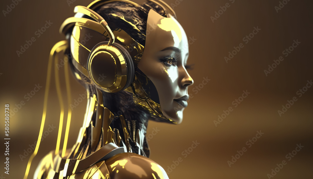 Futuristic Portrait of Cyborg Woman in Golden Armor wearing headphones ...