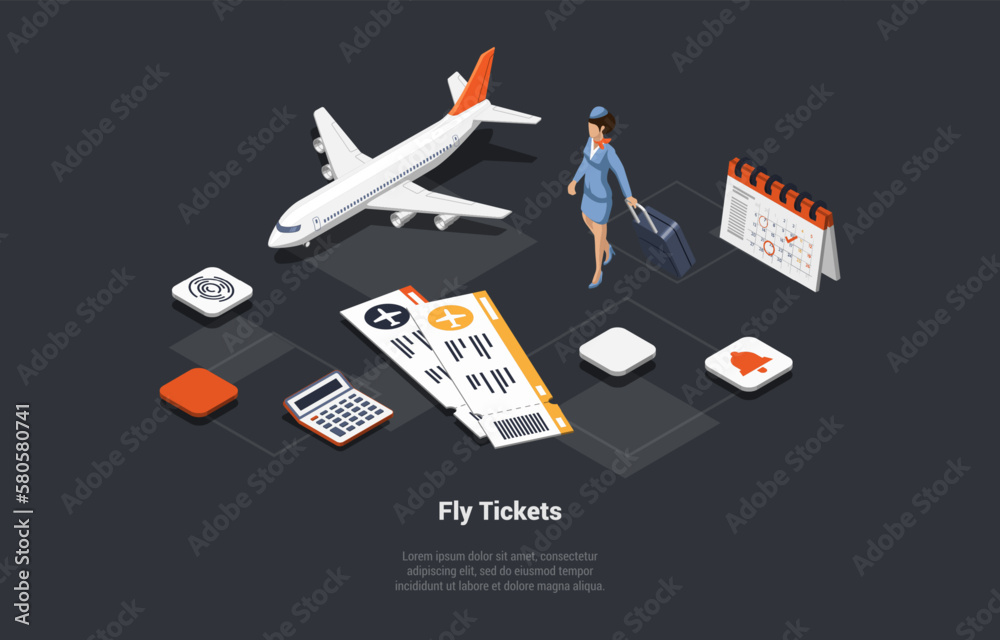 Fly Tickets Buy And Travelling By Plane Concept. Stewardess With ...