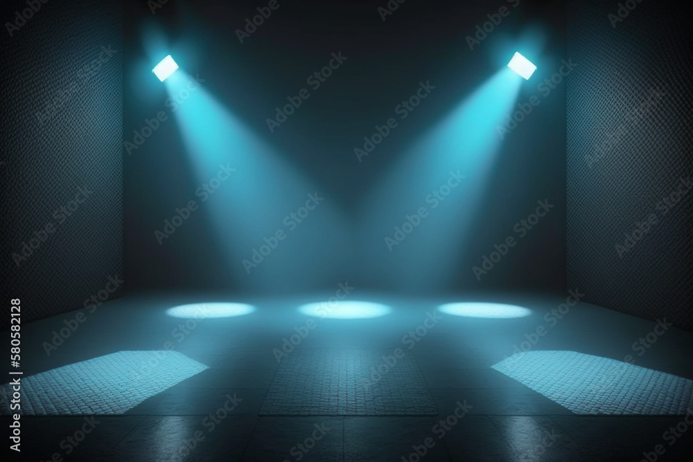 light blue spotlights shine on stage floor in dark room, idea for ...