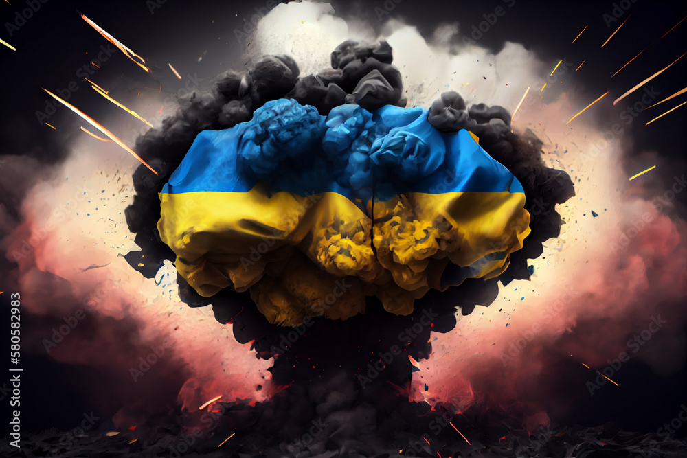 An illustration of a Ukrainian flag held high, with a backdrop of ...