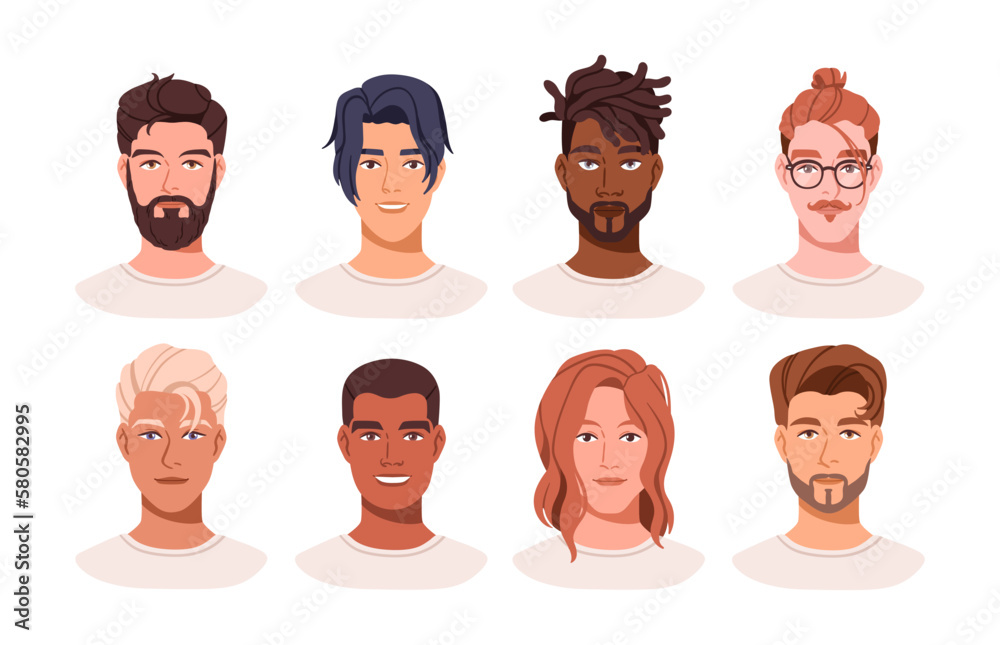Vektorová grafika „Young men faces avatars. Handsome modern guys ...