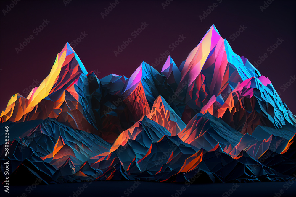 This image showcases a low poly mountain range with neon-colored ...