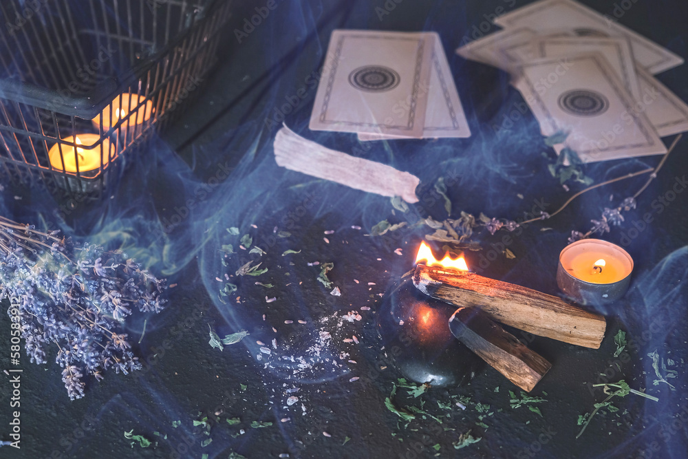 Esoteric, Occult mystical ritual scene of sorcery tarot candles, dried ...