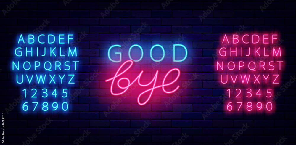Good bye neon label. Glowing lettering. Close sign on brick wall ...