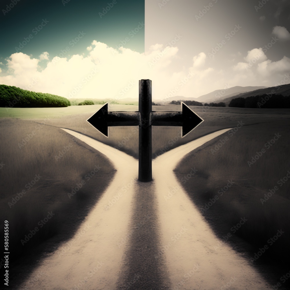 crossroad arrow right or left decision which is the right way where ...