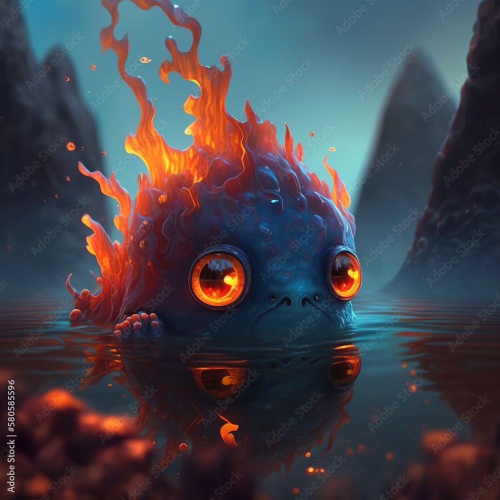 cute lava monster on water little with wondering eyes flame vapor ...