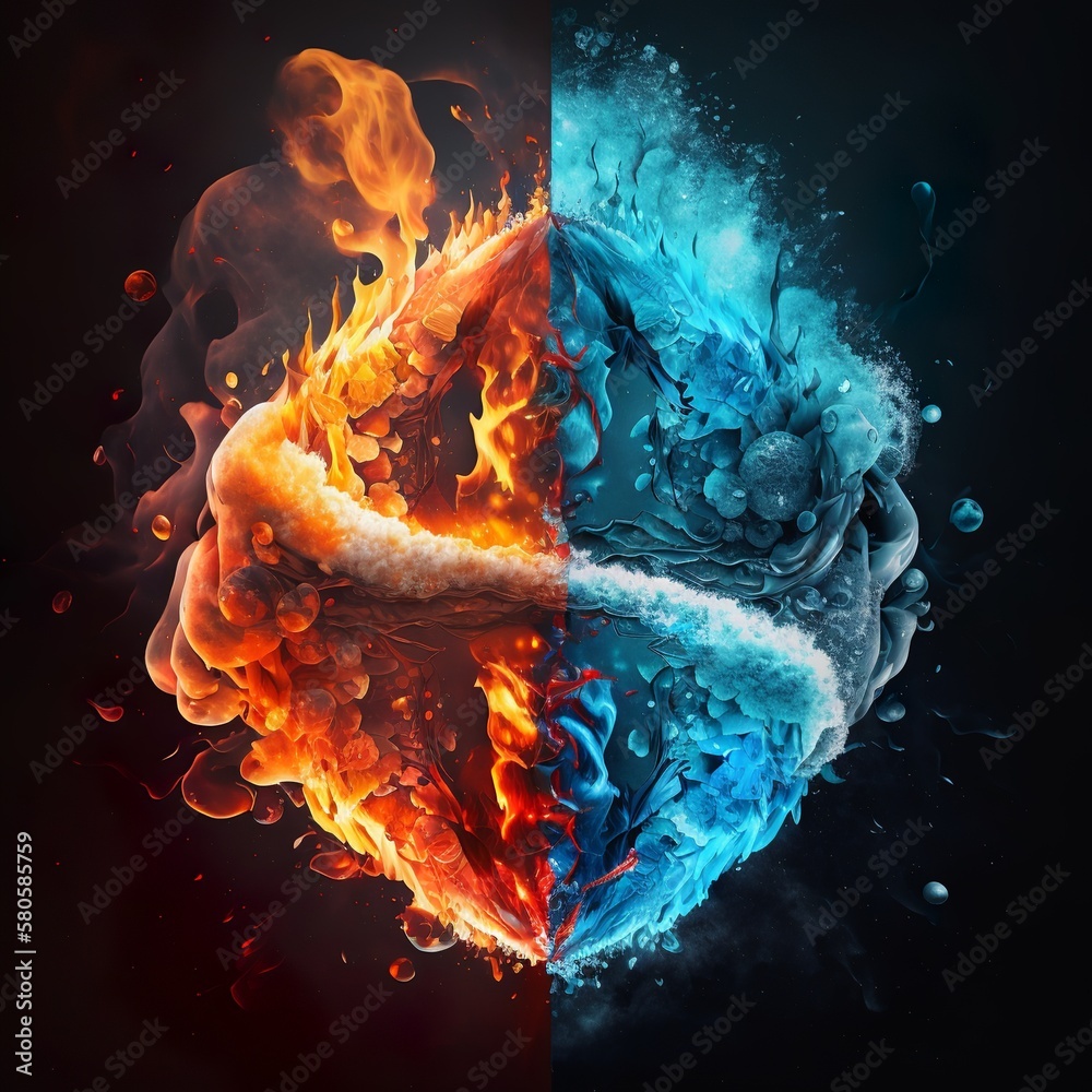 fire and ice concept black background dark flames diamond two different ...