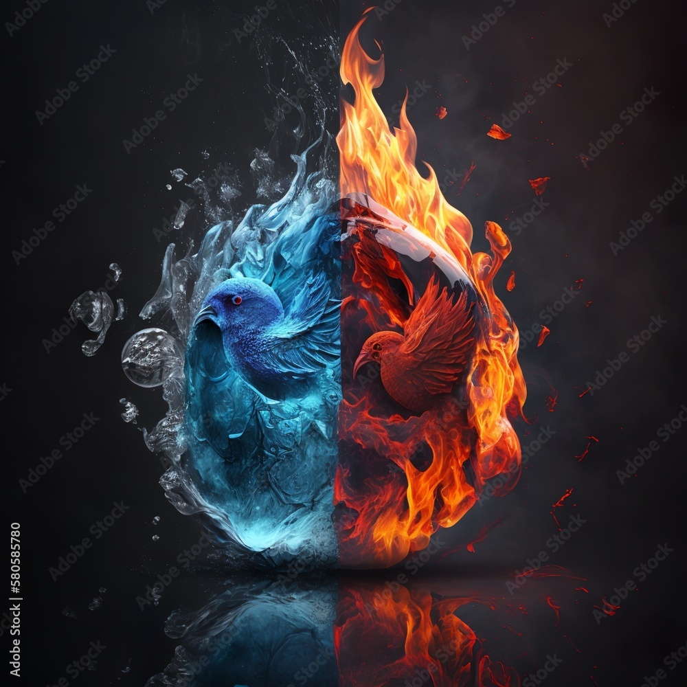 fire and ice concept black background dark flames diamond two different ...