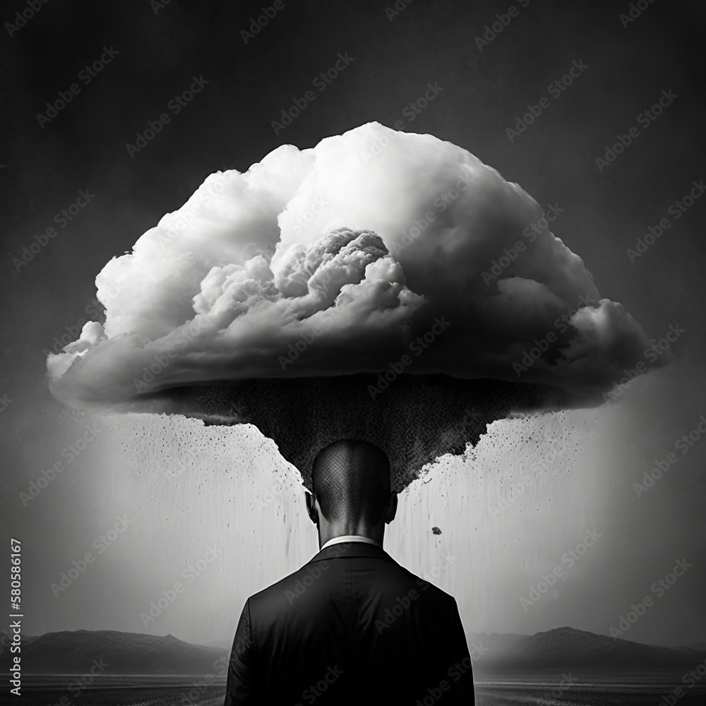 Person with a dark cloud over the head a lot of problems illustrates ...