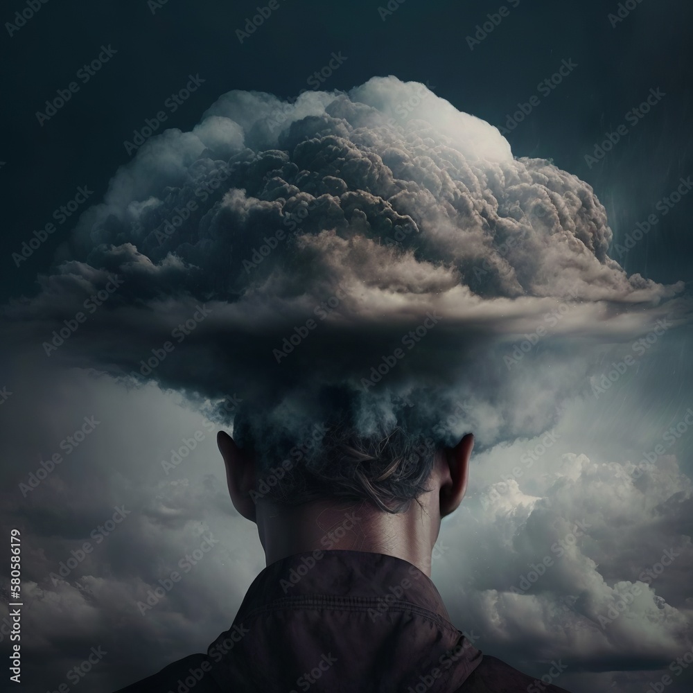 Person with a dark cloud over the head a lot of problems illustrates ...