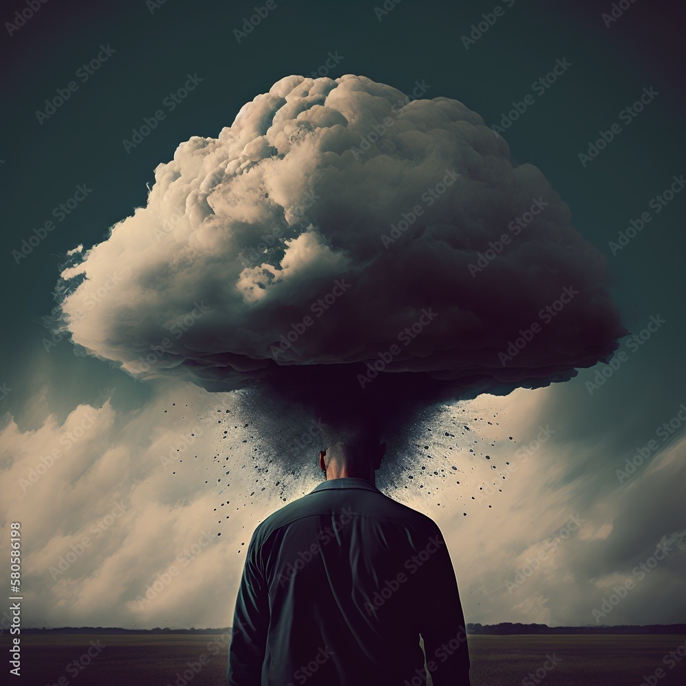 Person with a dark cloud over the head a lot of problems illustrates ...