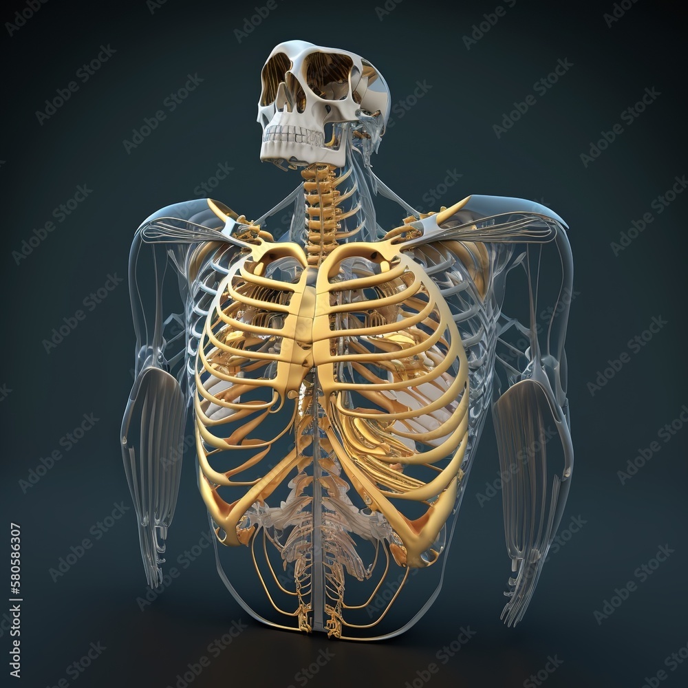 Rib cage anatomy 3D Illustration with wire frame skeleton autopsy ...