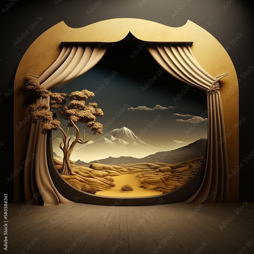 stage scenery simple design realistic picture desert rocky with moon palm tree gate curtain ...